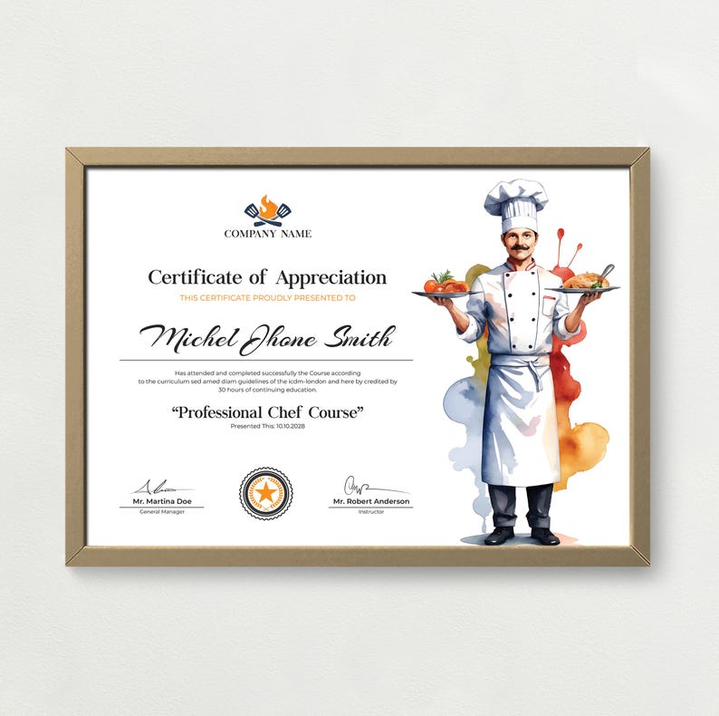 Certificate Template in Canva, Printable Chef Training Course ...