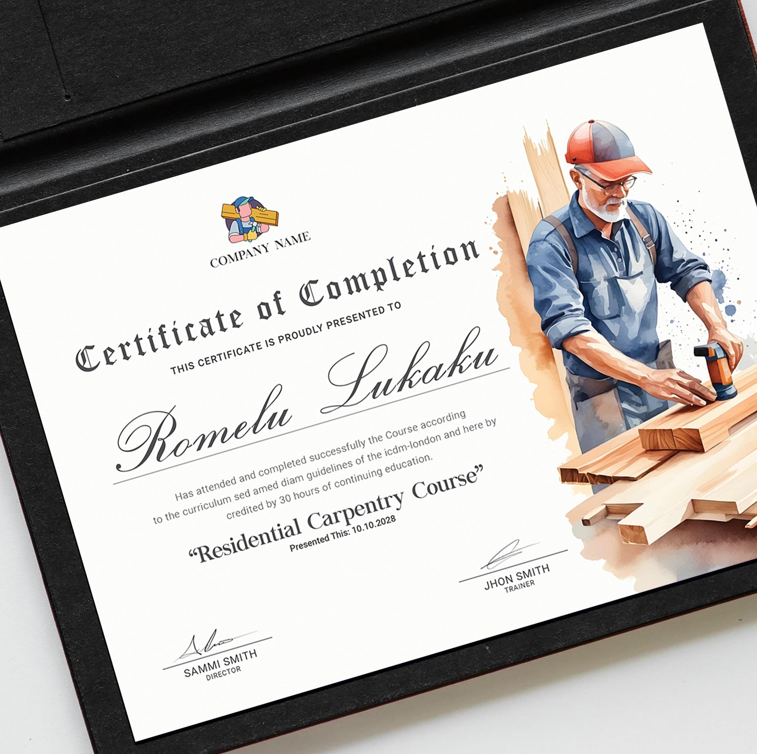 Certificate Template in Canva | Instant Download | Printable Carpenter Training Certificate ...