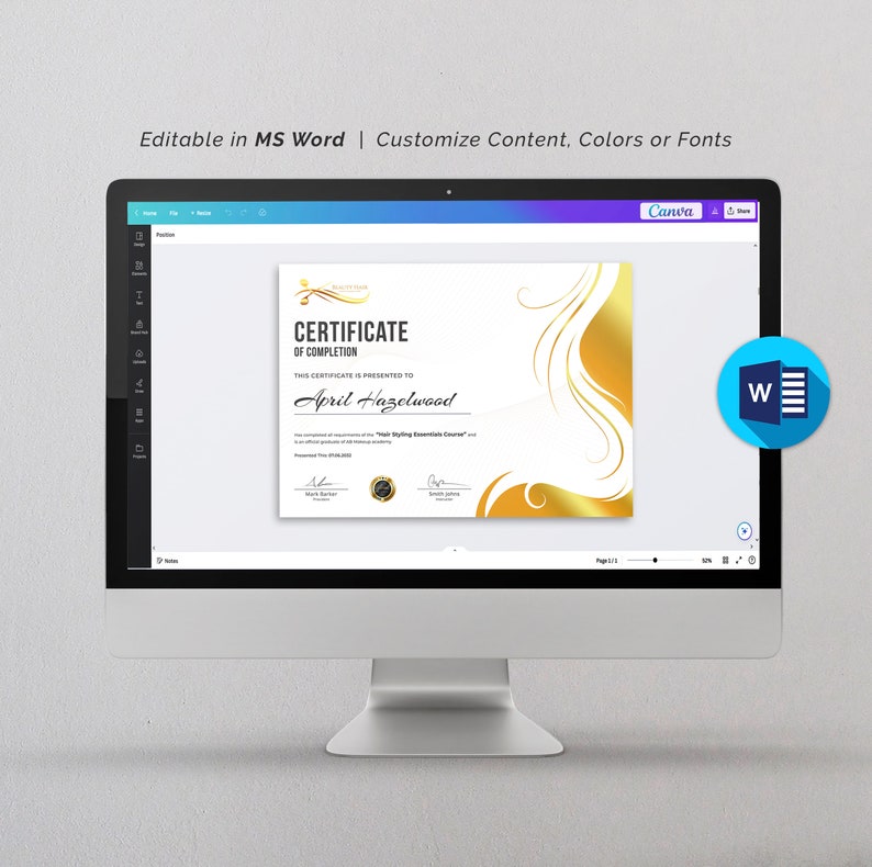 Hair Dressing Certificate Template in Canva | Instant Download ...