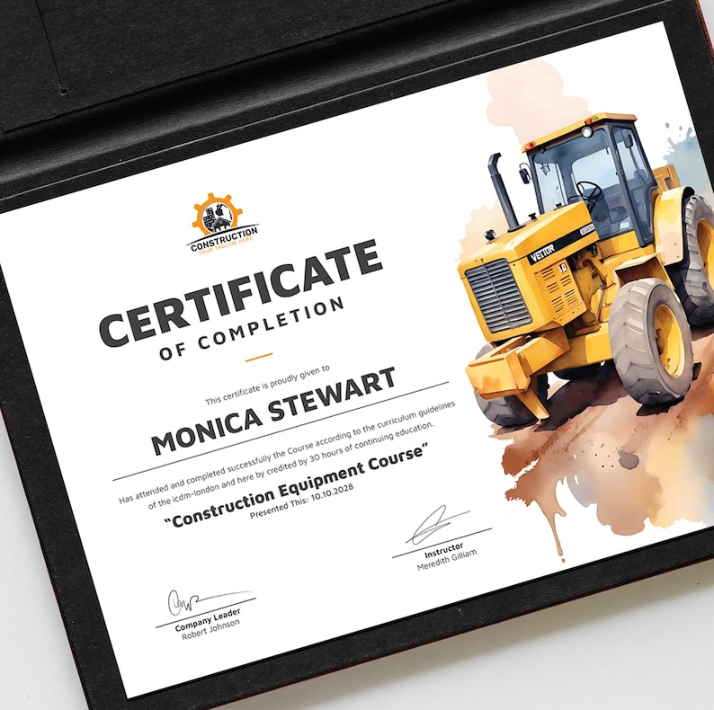 Certificate Template in Canva | Printable Construction Equipment ...