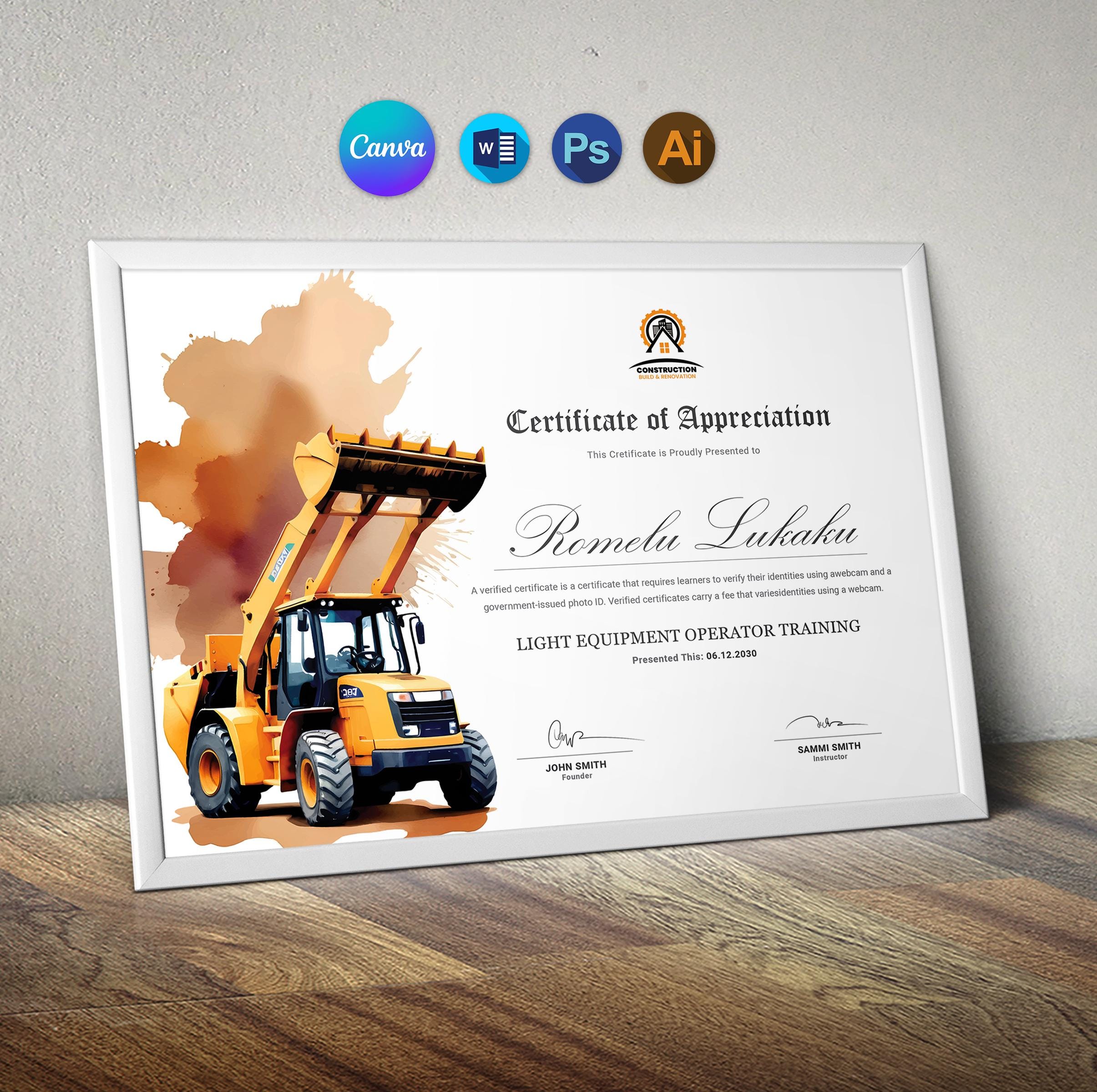 Certificate Template in Canva | Printable Construction Equipment ...