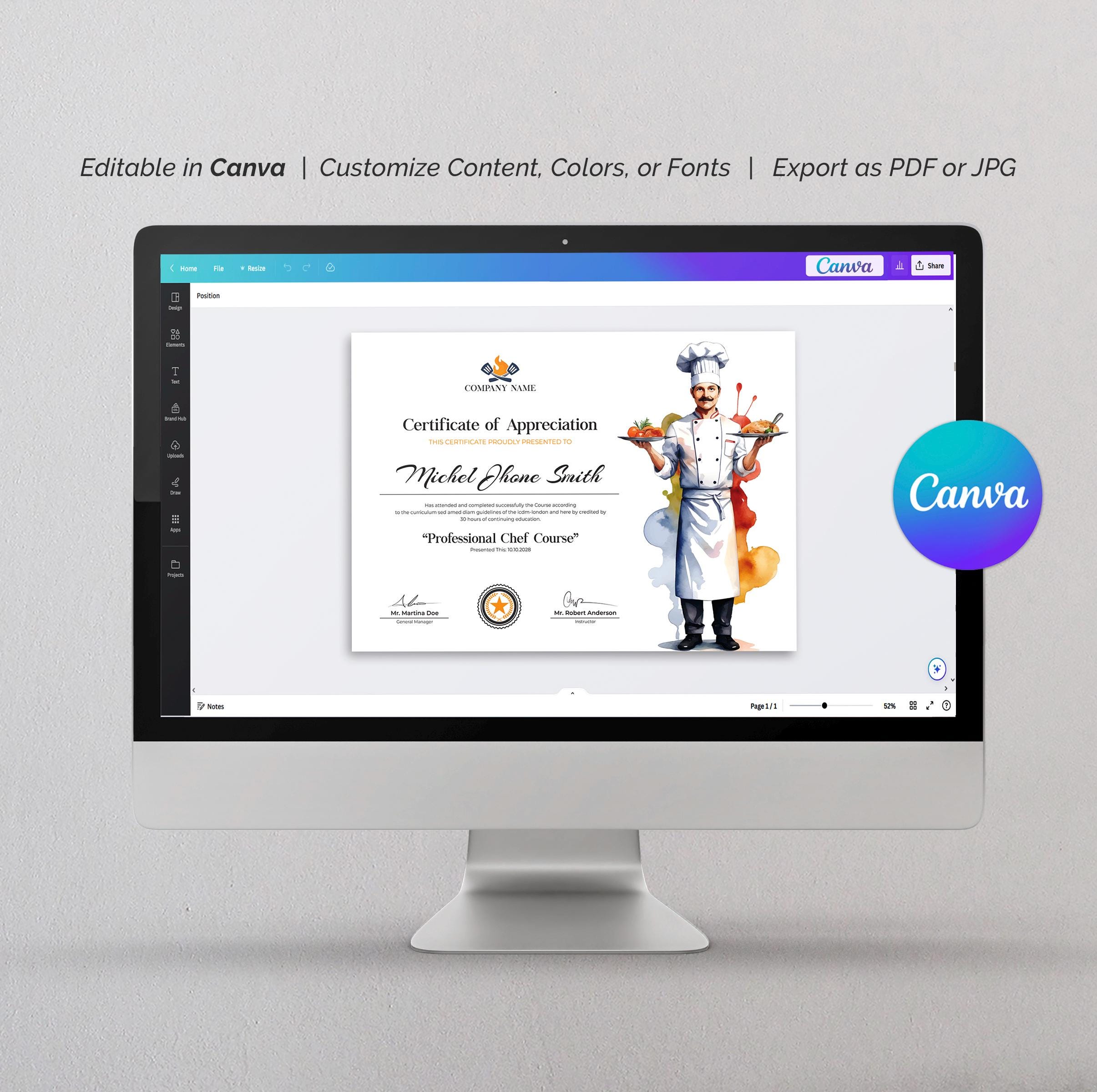 Certificate Template in Canva, Printable Chef Training Course ...