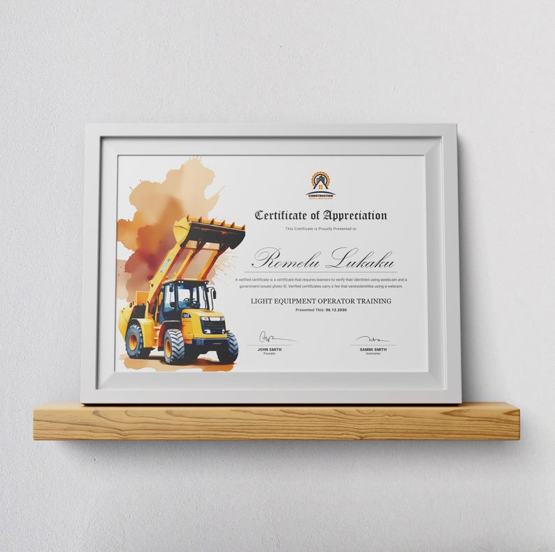 Certificate Template in Canva | Printable Construction Equipment ...