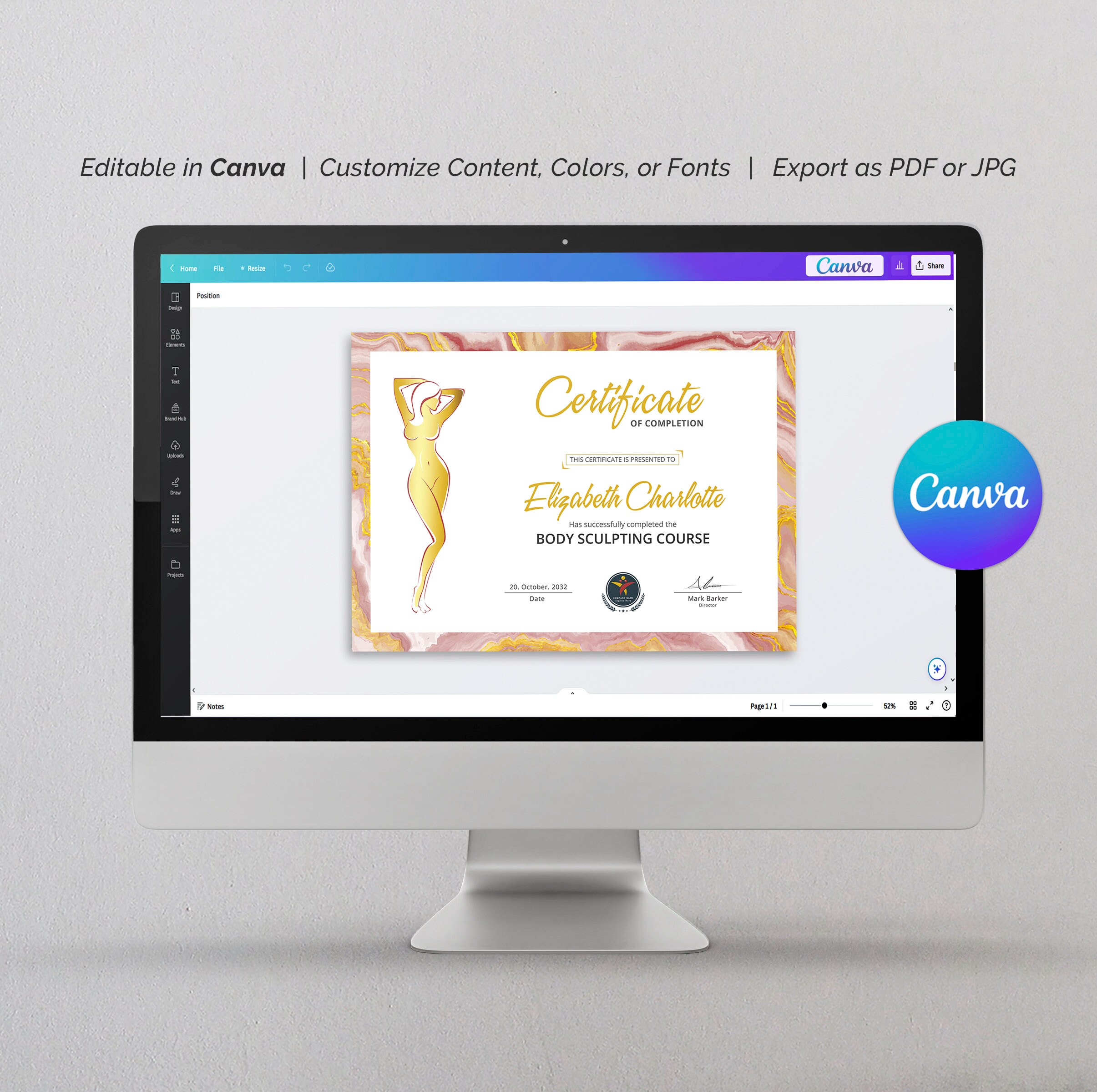 Certificate Template in Canva | Body Sculpting Certificate , Body ...