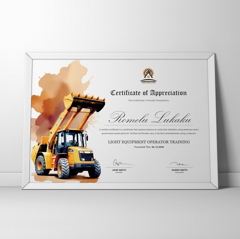 Certificate Template in Canva | Printable Construction Equipment ...