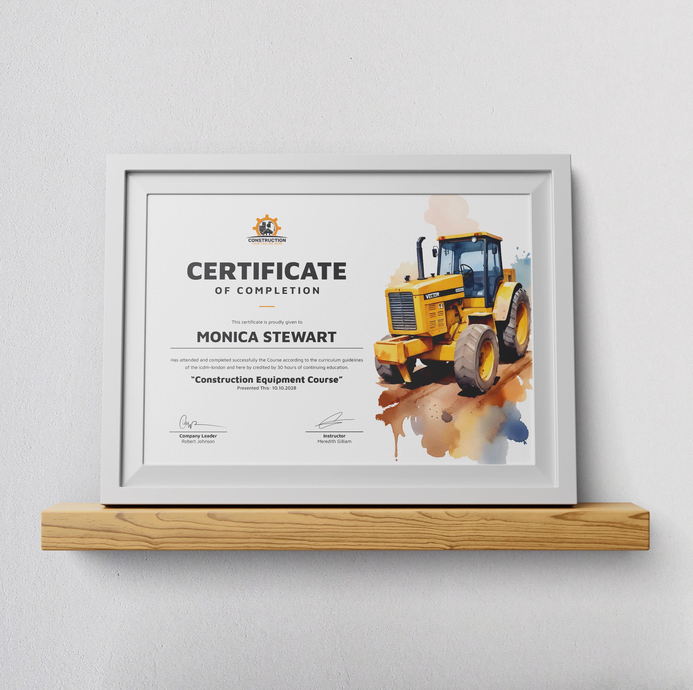 Certificate Template in Canva | Printable Construction Equipment ...