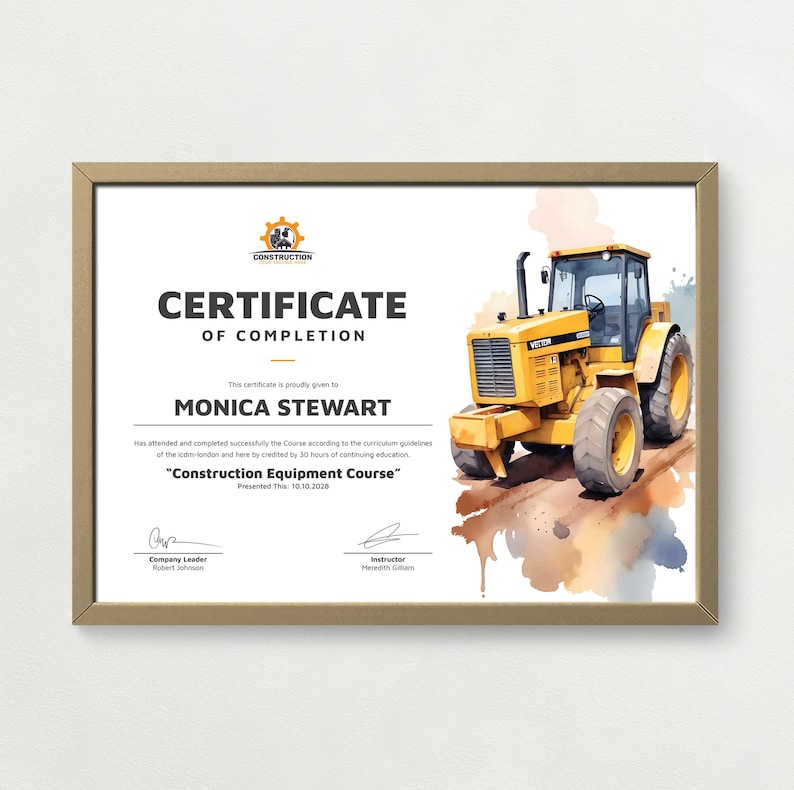 Certificate Template in Canva | Printable Construction Equipment ...