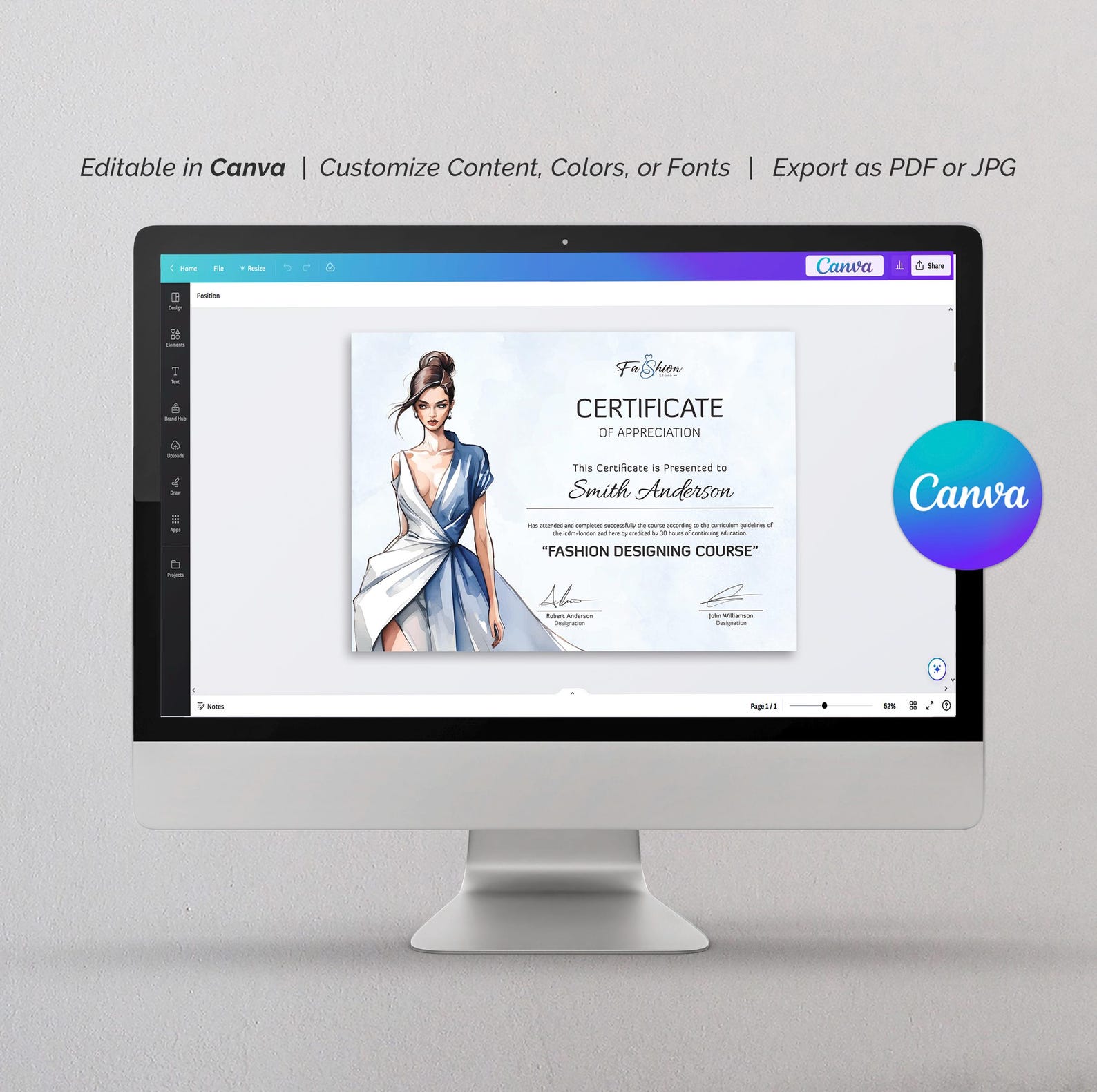Fashion Designer Certificate in Canva | Printable Fashion Designer ...