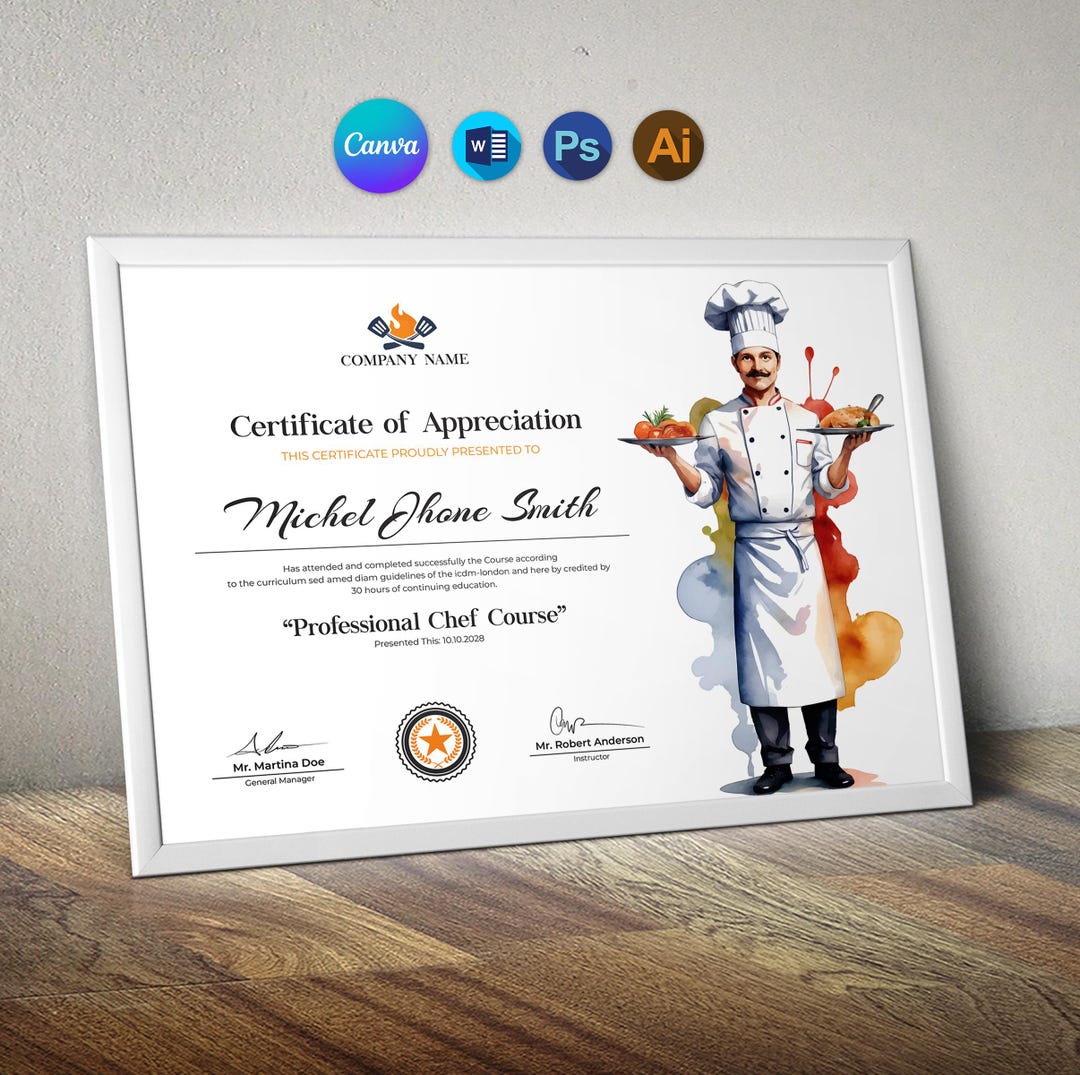 Certificate Template in Canva, Printable Chef Training Course ...