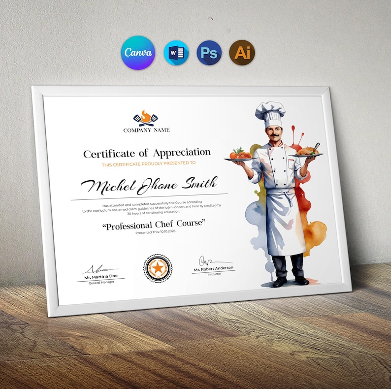 Certificate Template in Canva, Printable Chef Training Course ...