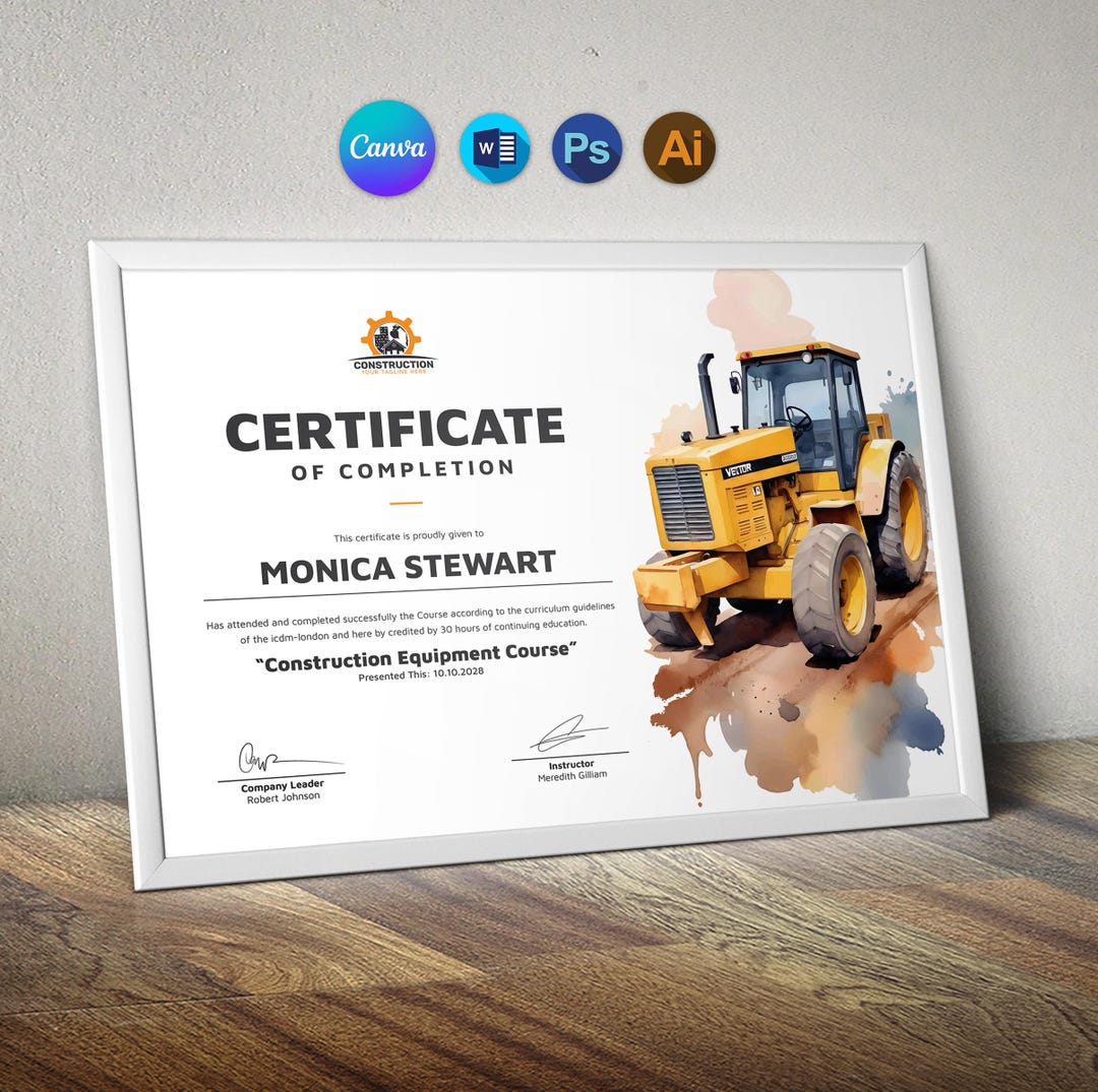 Certificate Template in Canva | Printable Construction Equipment ...