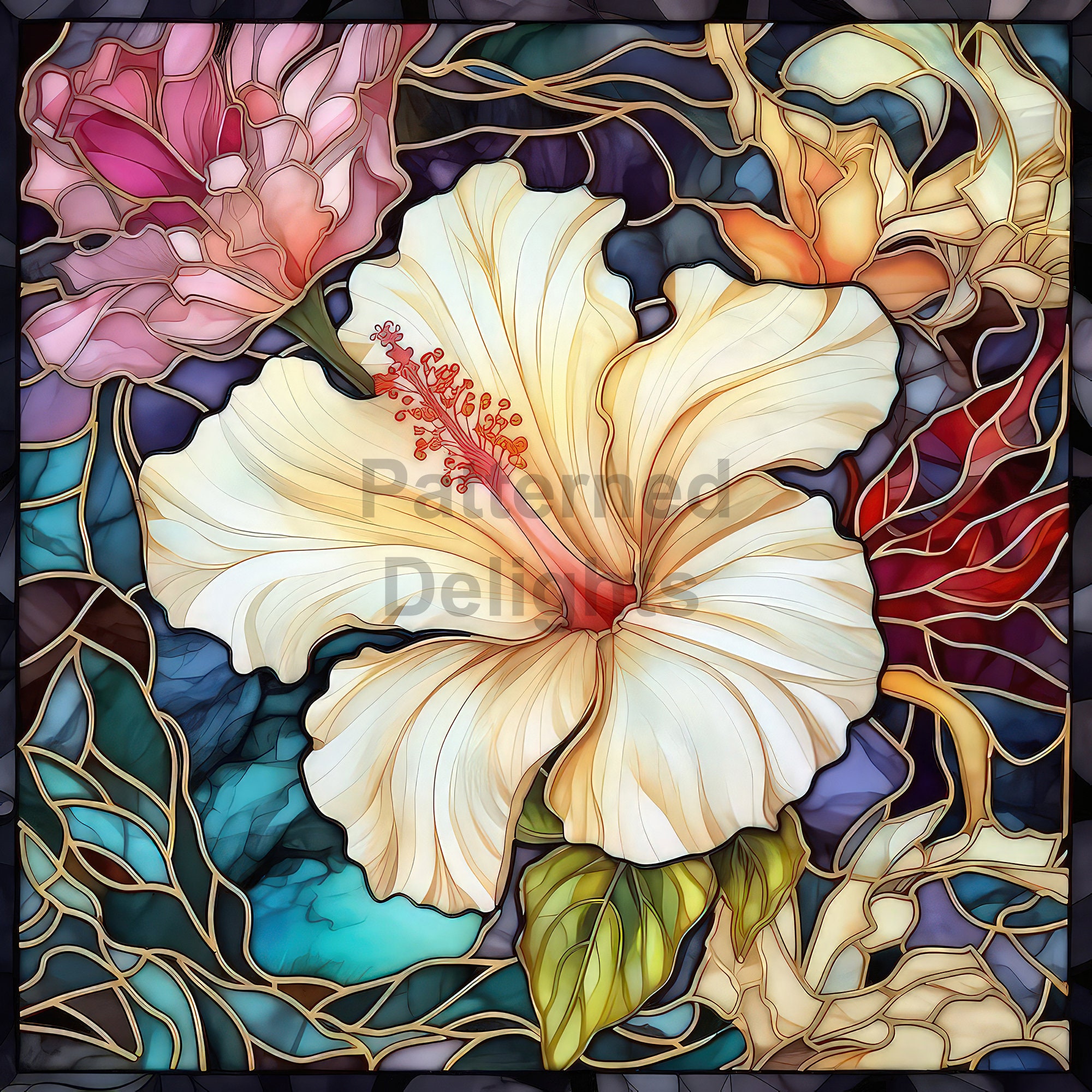 Hibiscus Stained Glass Digital Paper Scrapbook Paper - Etsy