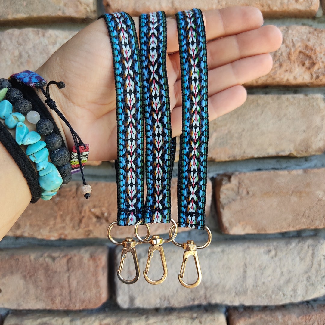 Ethnic Patterned Ribbon Key Fob, Blue Keychain Wristlet, Gift for Her ...