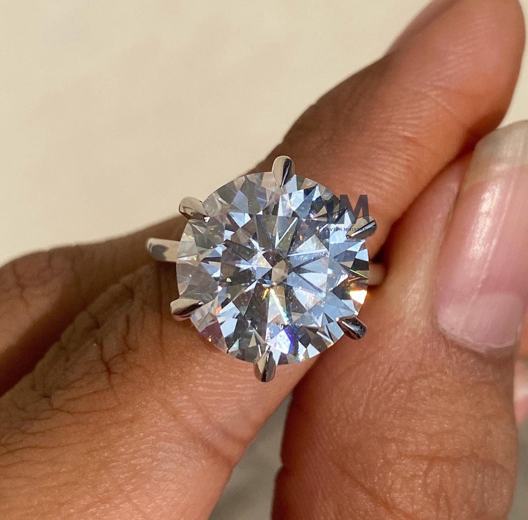 Huge 8 CT Colorless Round Cut Moissanite Engagement Ring, 6 Prong Ring, 14K White Gold Solitaire ...