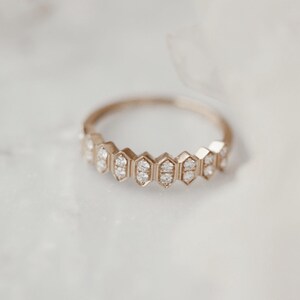 14K Yellow Gold Geometric Hexagon Band Ring Hexagon Wedding Band Pave ...