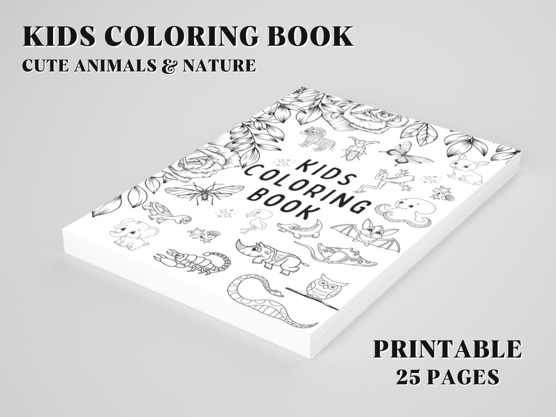 Kids Coloring Book Cute Animals & Nature 25 Pages Printable - Etsy
