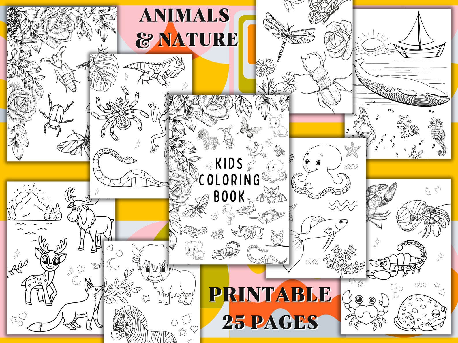 Kids Coloring Book Cute Animals & Nature 25 Pages Printable - Etsy