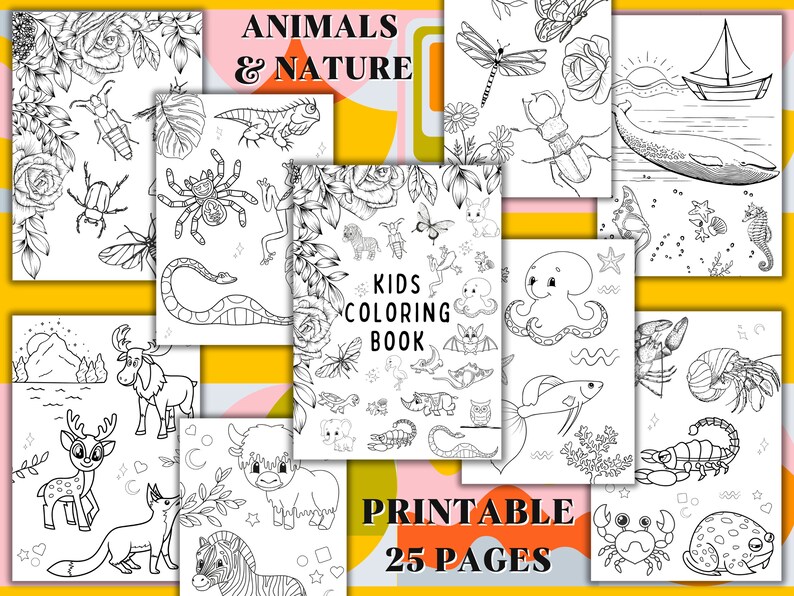 Kids Coloring Book Cute Animals & Nature 25 Pages Printable - Etsy