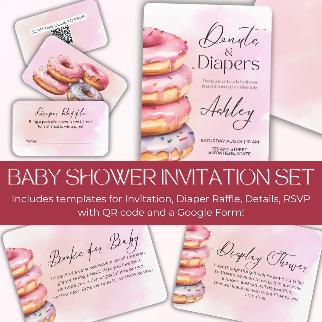 Donuts & Diapers Invitation Set - Canva Templates for Invitation, Rsvps ...