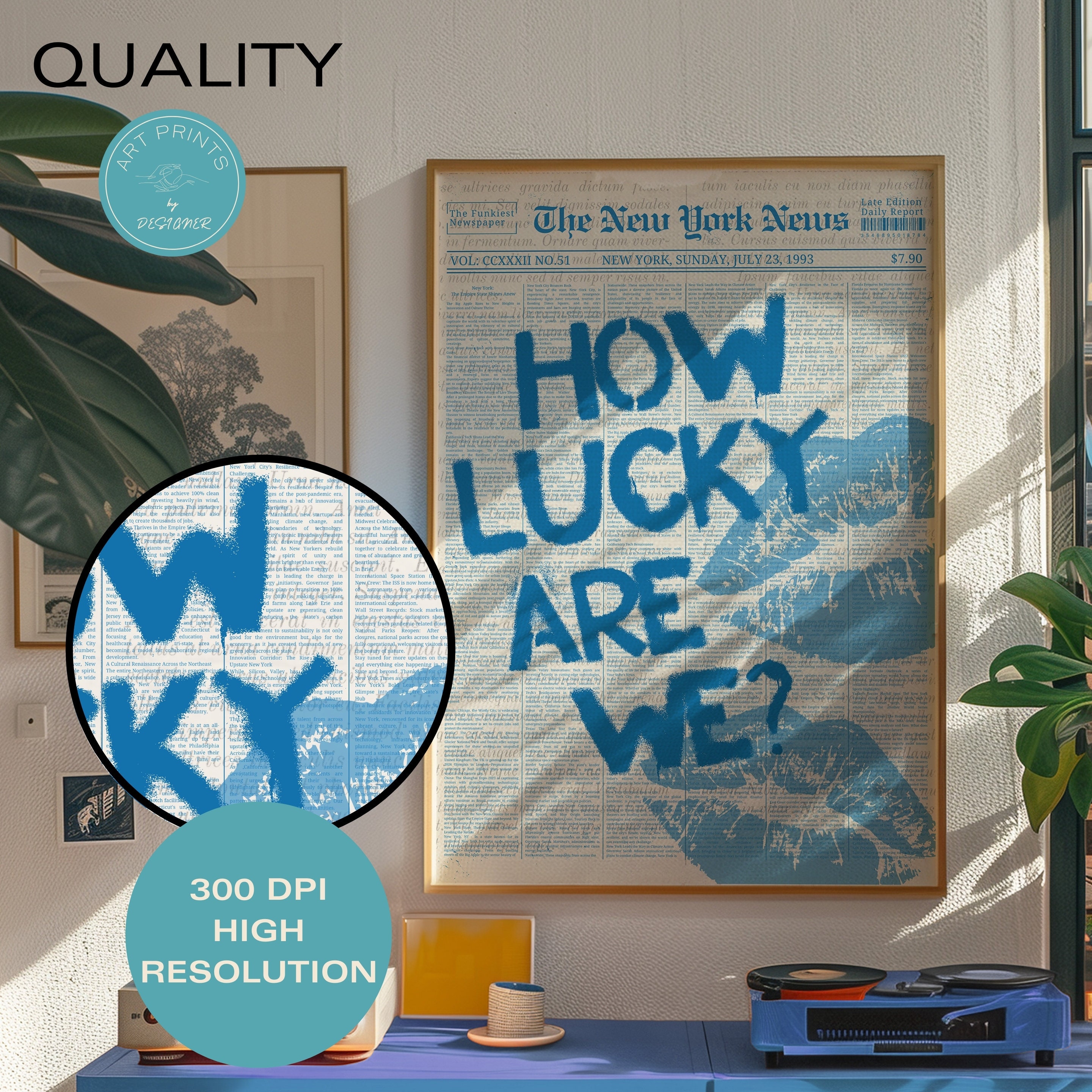 Trendy Blue Retro Newspaper Print, How Lucky Are We Wall Art Print ...