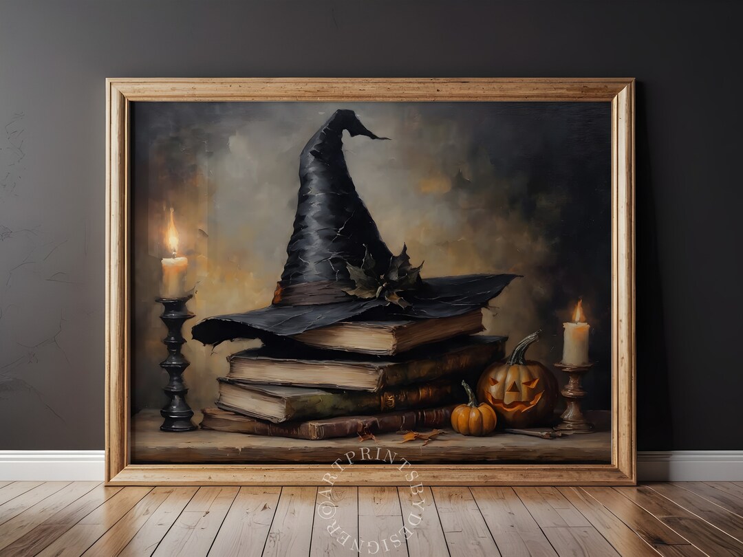 Moody Vintage Halloween Wall Art Print, Witch Hat on Old Books, Witchy ...