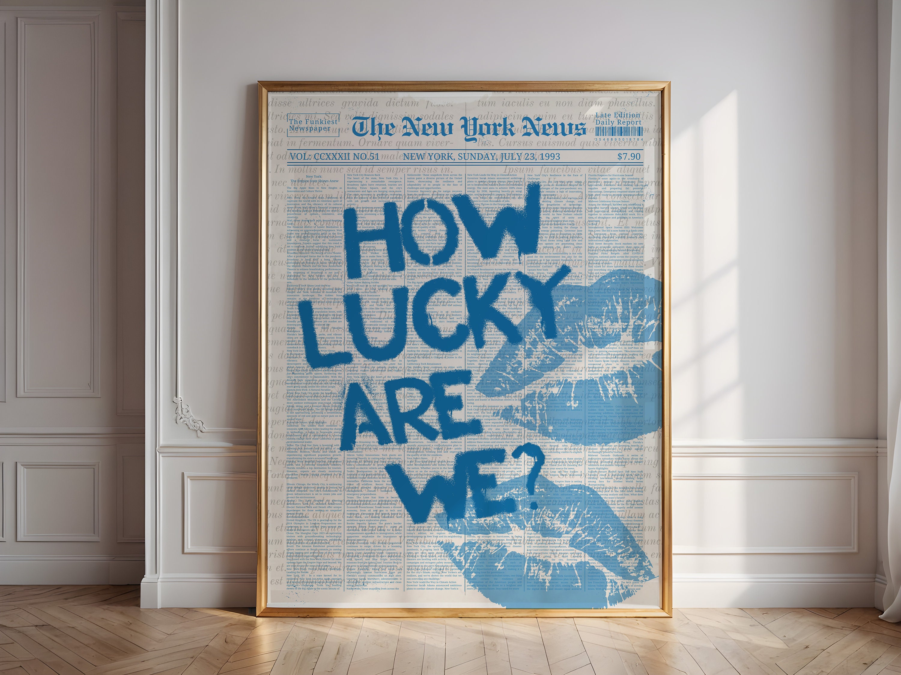 Trendy Blue Retro Newspaper Print, How Lucky Are We Wall Art Print ...