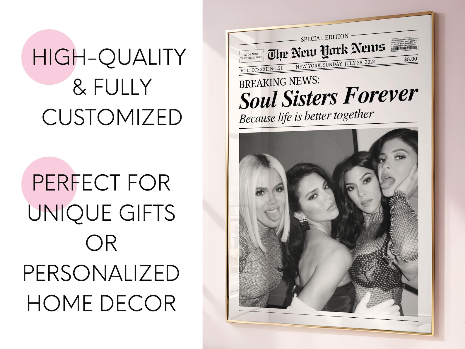 CUSTOM Newspaper Print, Personalized Best Friends Poster, Retro Bestie ...