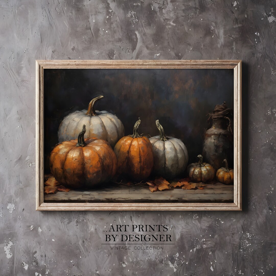 Moody Vintage Halloween Wall Art Print, Pumpkin Still Life Painting ...