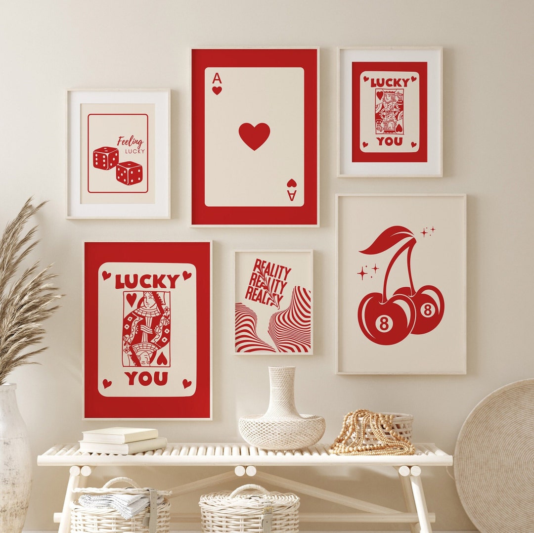 Red Trendy Retro Wall Art Set of 6, Lucky You Poster, Retro Trendy ...