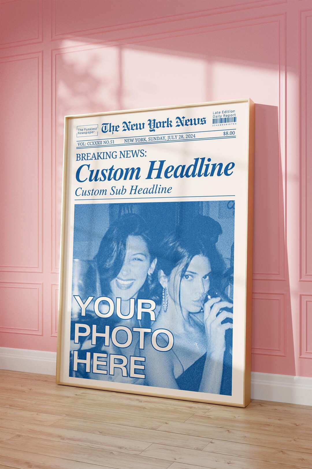 CUSTOM Newspaper Print, Personalized New York News Wall Art, Blue ...