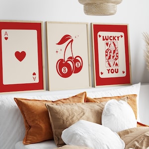 Red Trendy Retro Wall Art Set of 6, Lucky You Poster, Retro Trendy ...