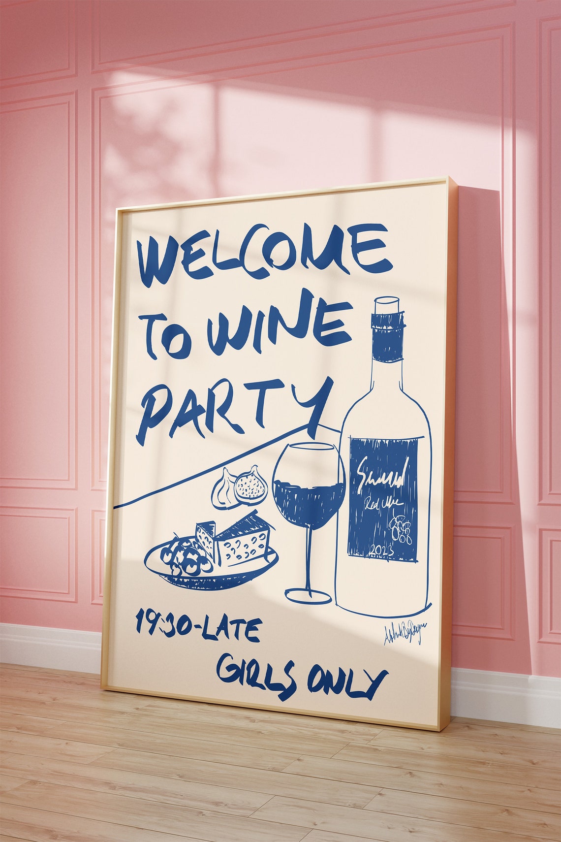 Vintage Wine Print, Hand Illustrated Vintage Wall Art, Blue Vintage ...