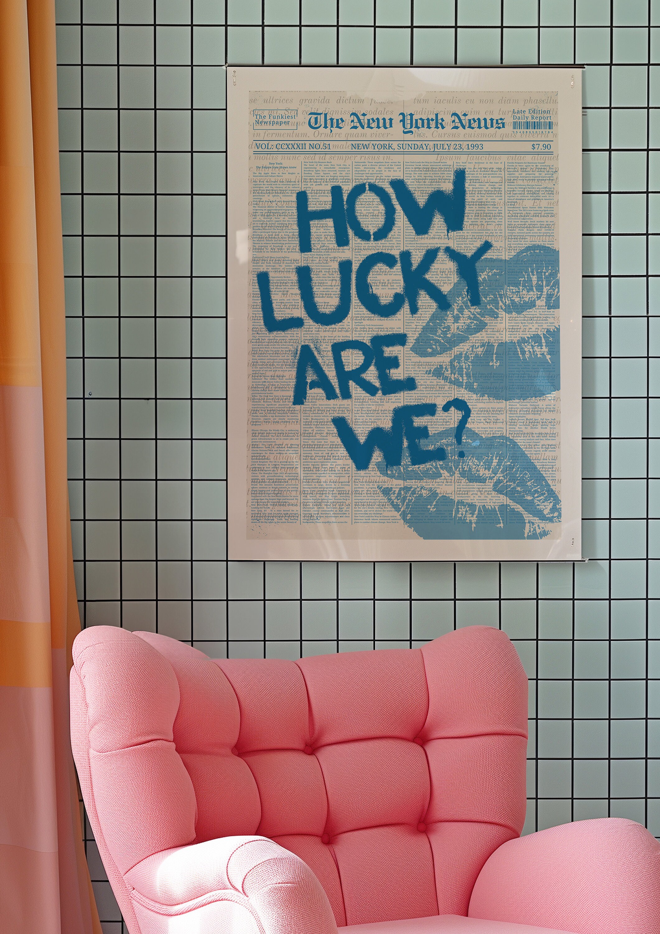 Trendy Blue Retro Newspaper Print, How Lucky Are We Wall Art Print ...