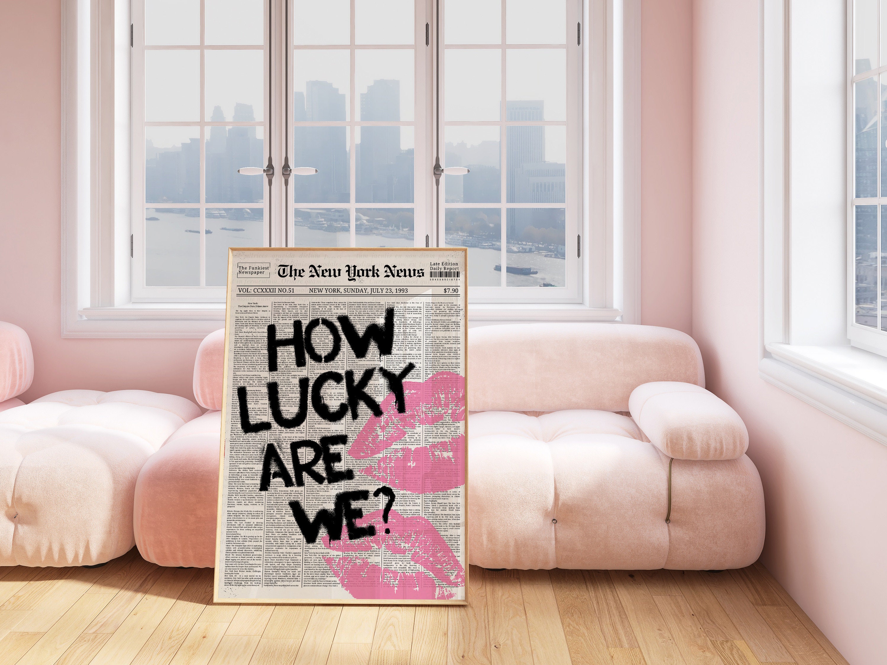 How Lucky Are We Newspaper Print, Retro Pink Lips (digital Download) - Etsy