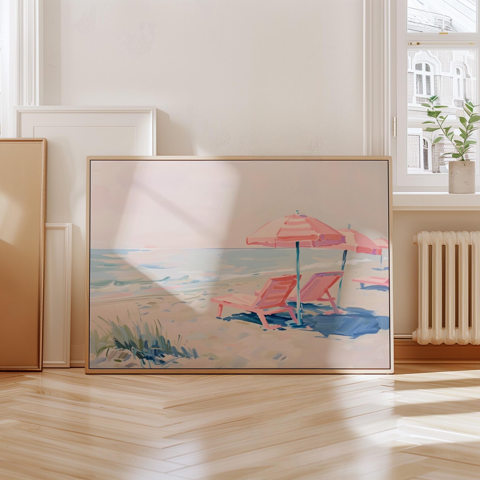 Pastel Pink Striped Umbrella Painting, Coastal Wall Art, Summer Girly ...