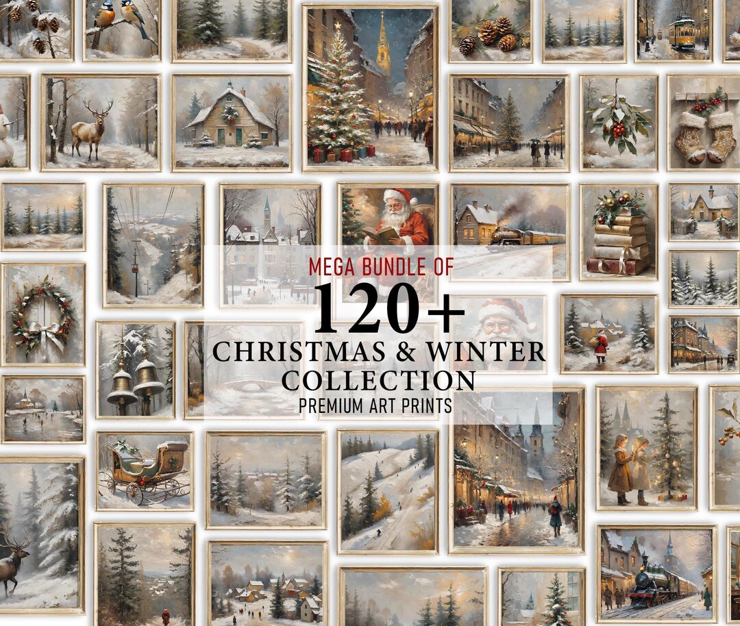 Christmas Print Set, Winter Wall Art Bundle, Printable Vintage ...