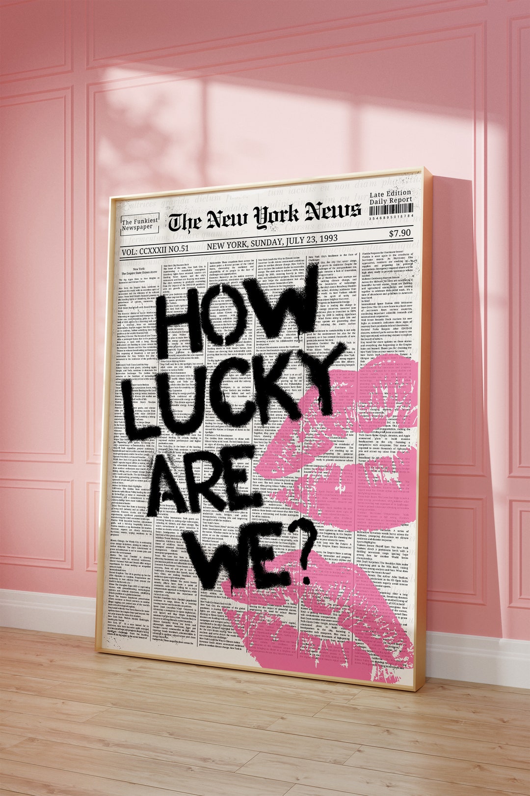 How Lucky Are We Newspaper Print, Retro Pink Lips (digital Download) - Etsy