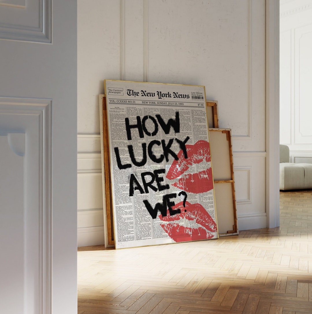 How Lucky Are We Lips Newspaper Print, Red Preppy Room Decor (digital ...