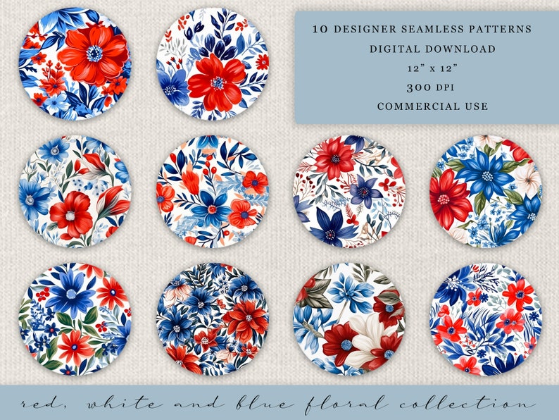 Red, White and Blue Floral Collection Designer Seamless Patterns ...