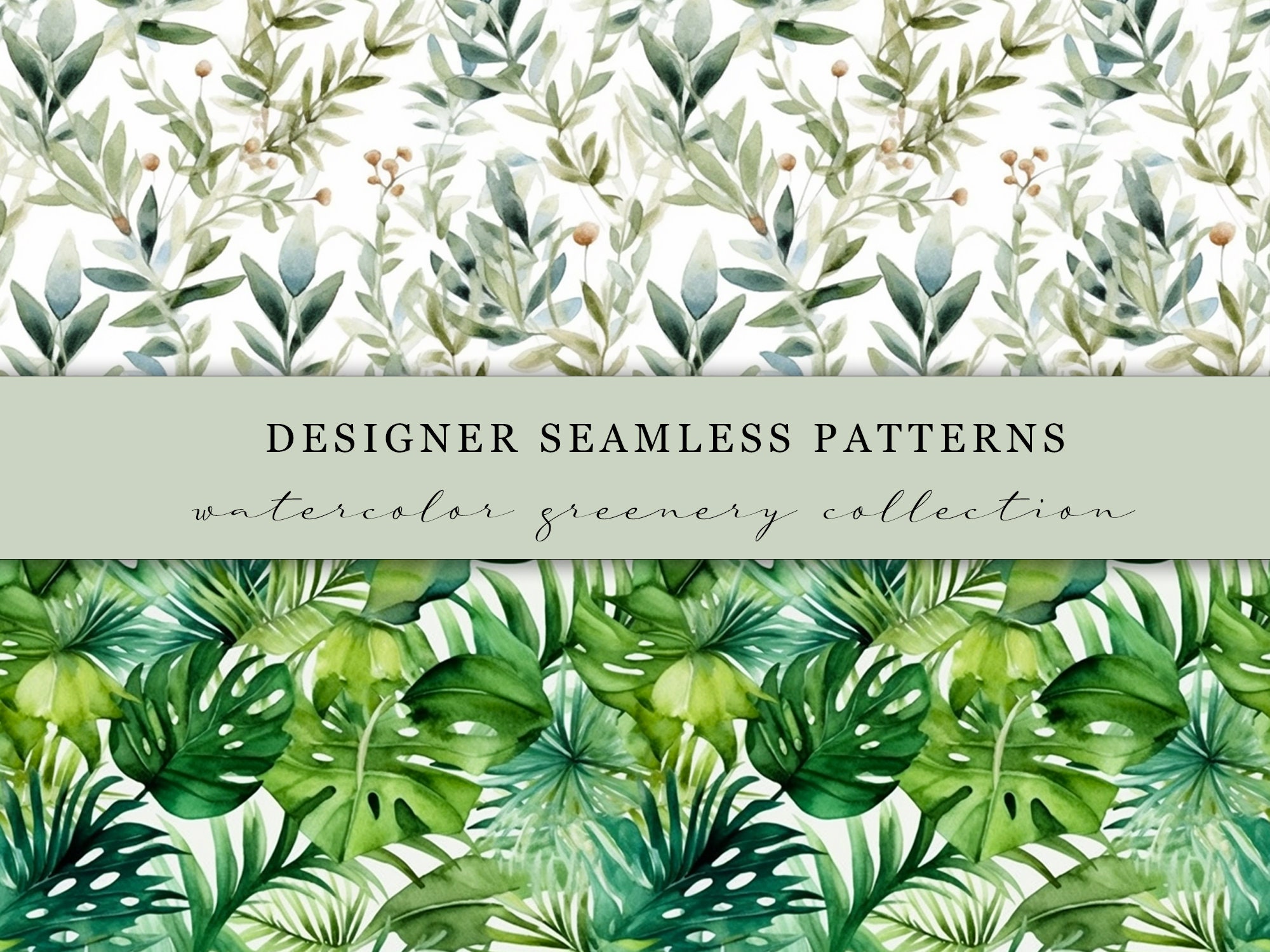Watercolor Greenery Collection Designer Seamless Patterns || Seamless ...