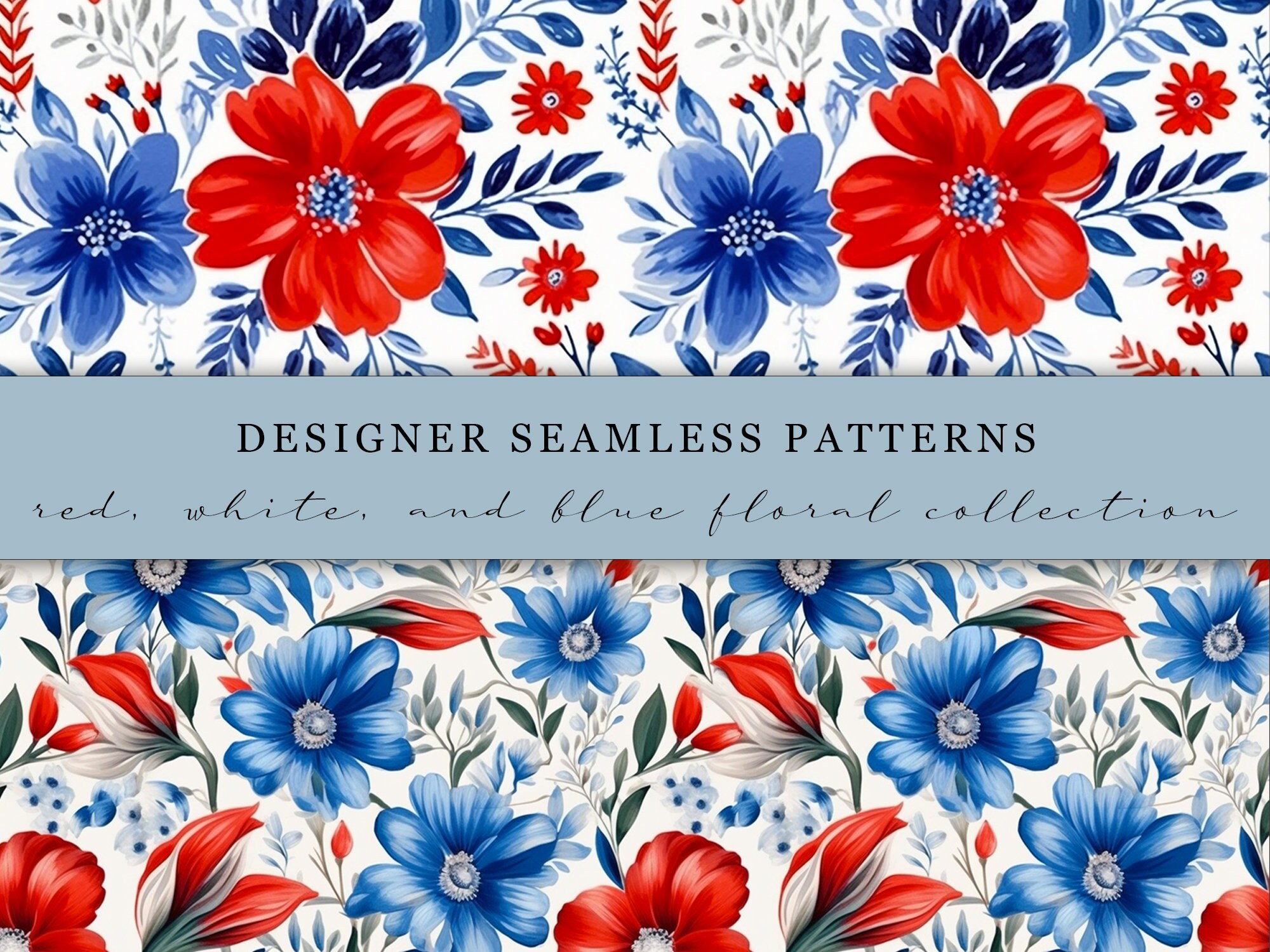 Red, White and Blue Floral Collection Designer Seamless Patterns ...