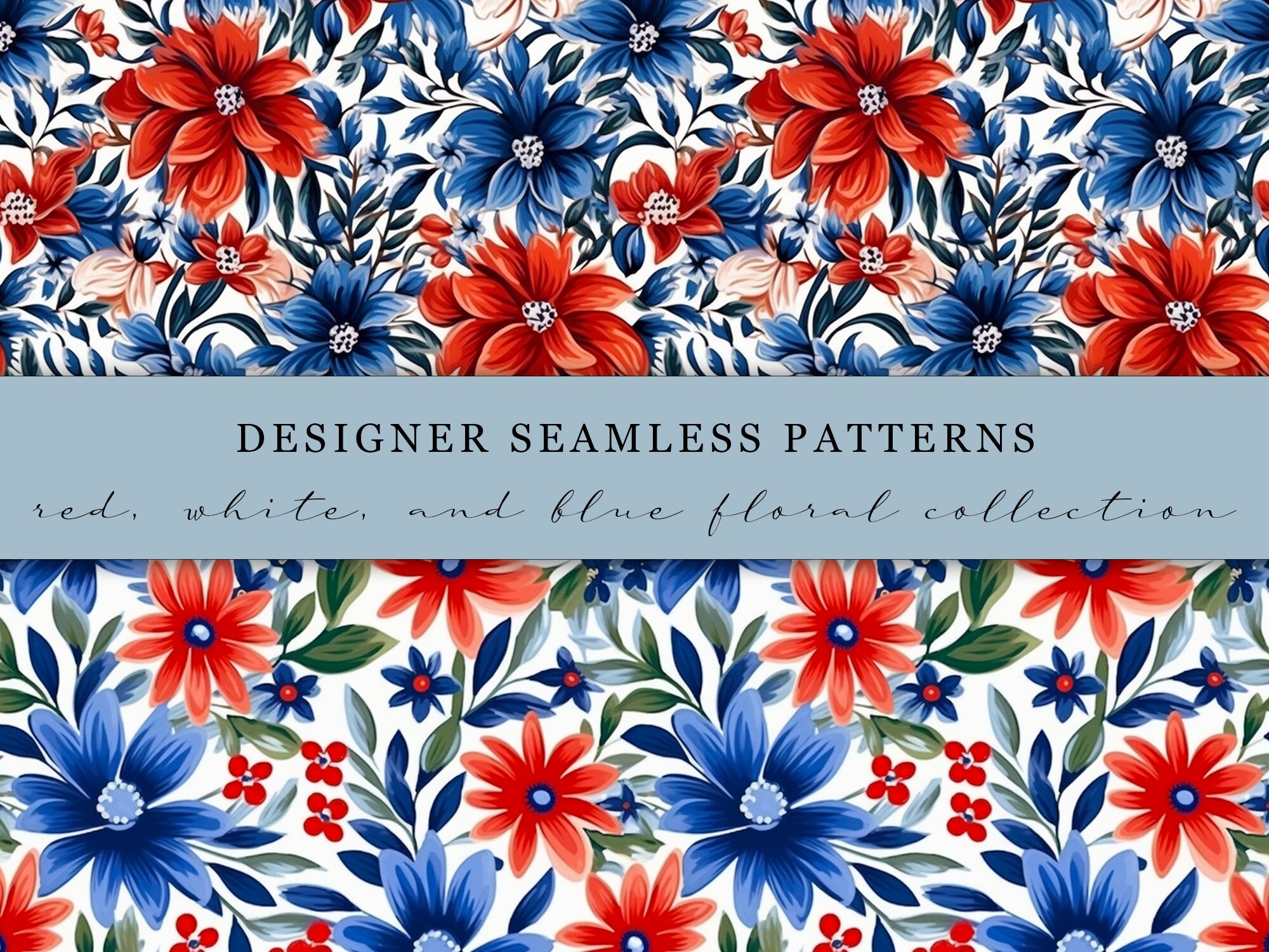 Red, White and Blue Floral Collection Designer Seamless Patterns ...