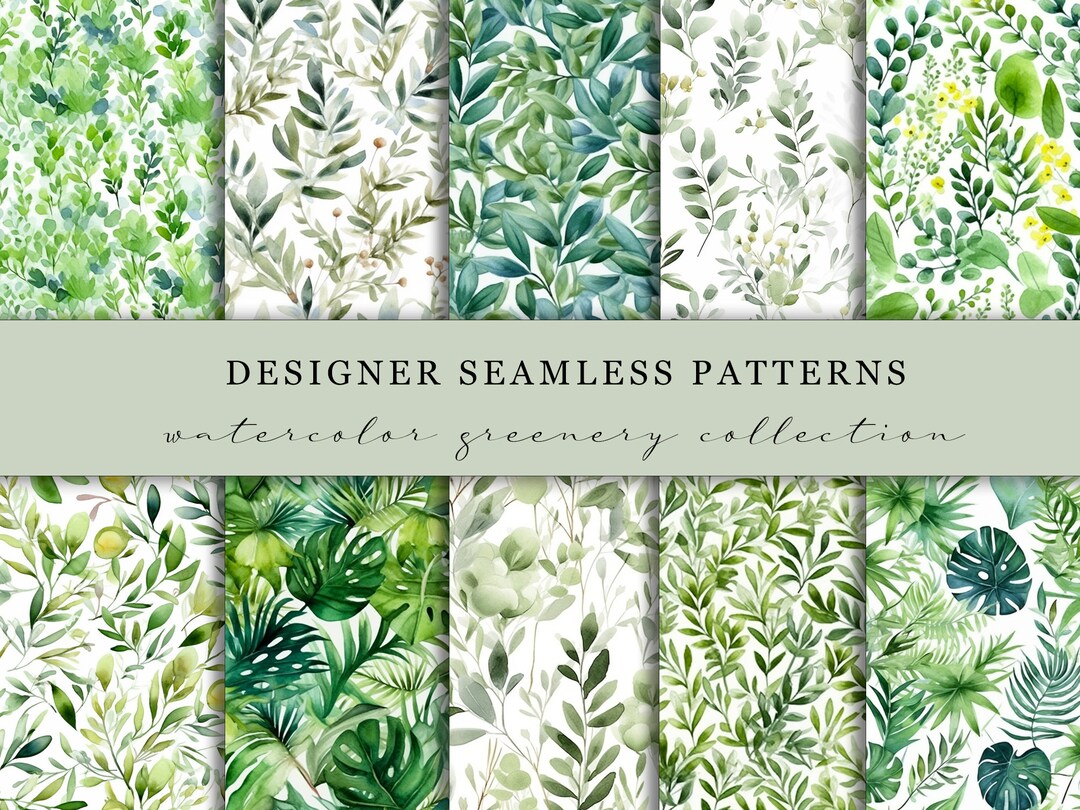 Watercolor Greenery Collection Designer Seamless Patterns || Seamless ...