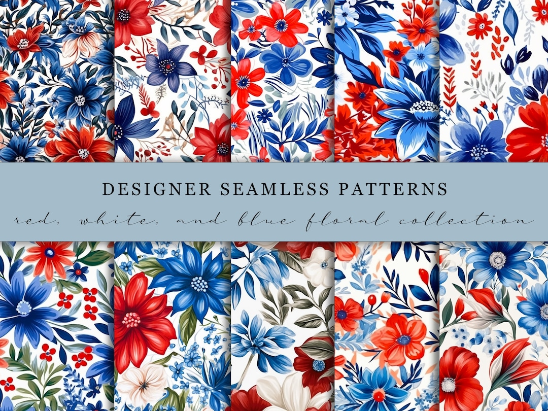 Red, White and Blue Floral Collection Designer Seamless Patterns ...
