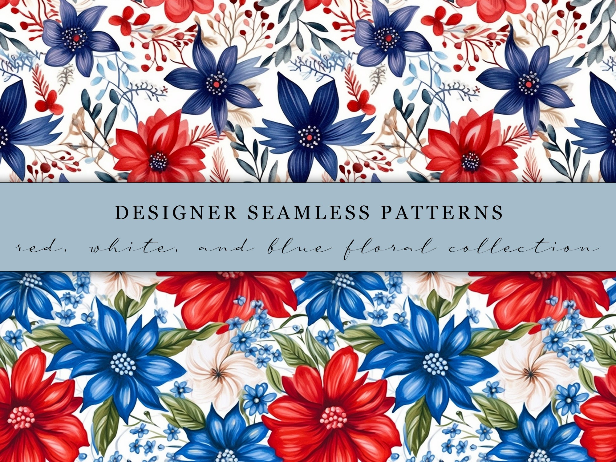 Red, White and Blue Floral Collection Designer Seamless Patterns ...