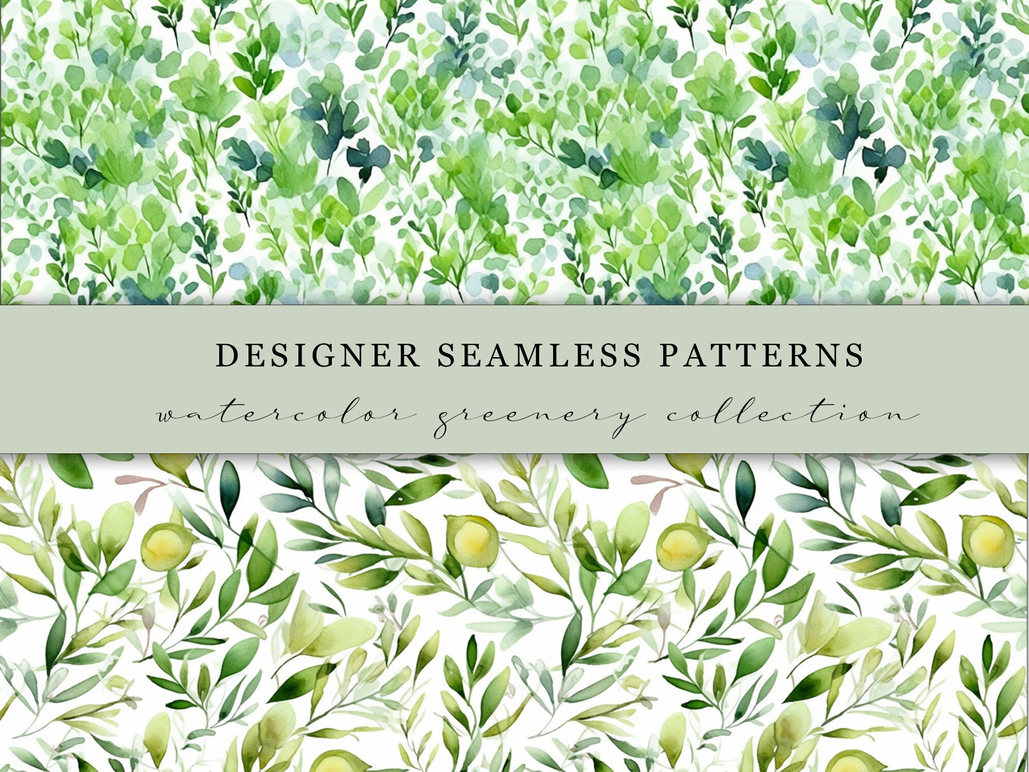 Watercolor Greenery Collection Designer Seamless Patterns || Seamless ...