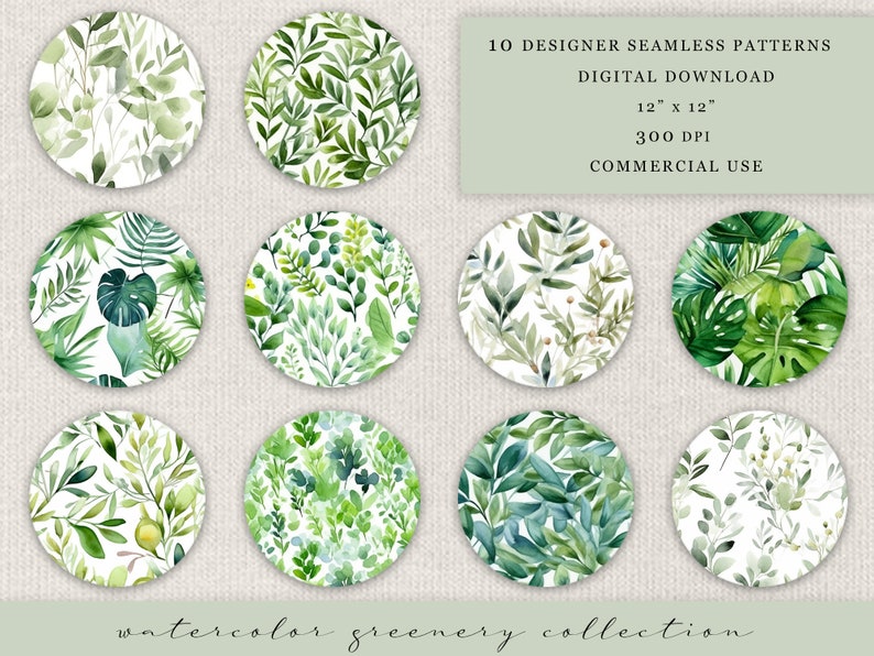 Watercolor Greenery Collection Designer Seamless Patterns || Seamless ...