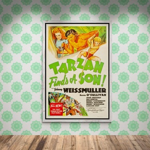 Tarzan Finds a Son Vintage Movie Poster | Starring Johnny Weissmuller | Classic Jungle Adventure ...