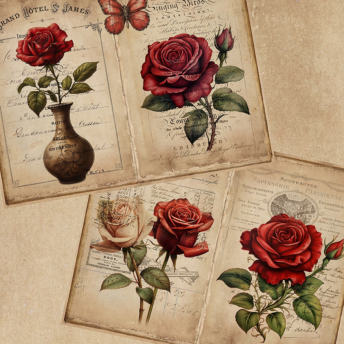 Red Roses Junk Journal Pages, Junk Journal Kit, Printable Journal ...