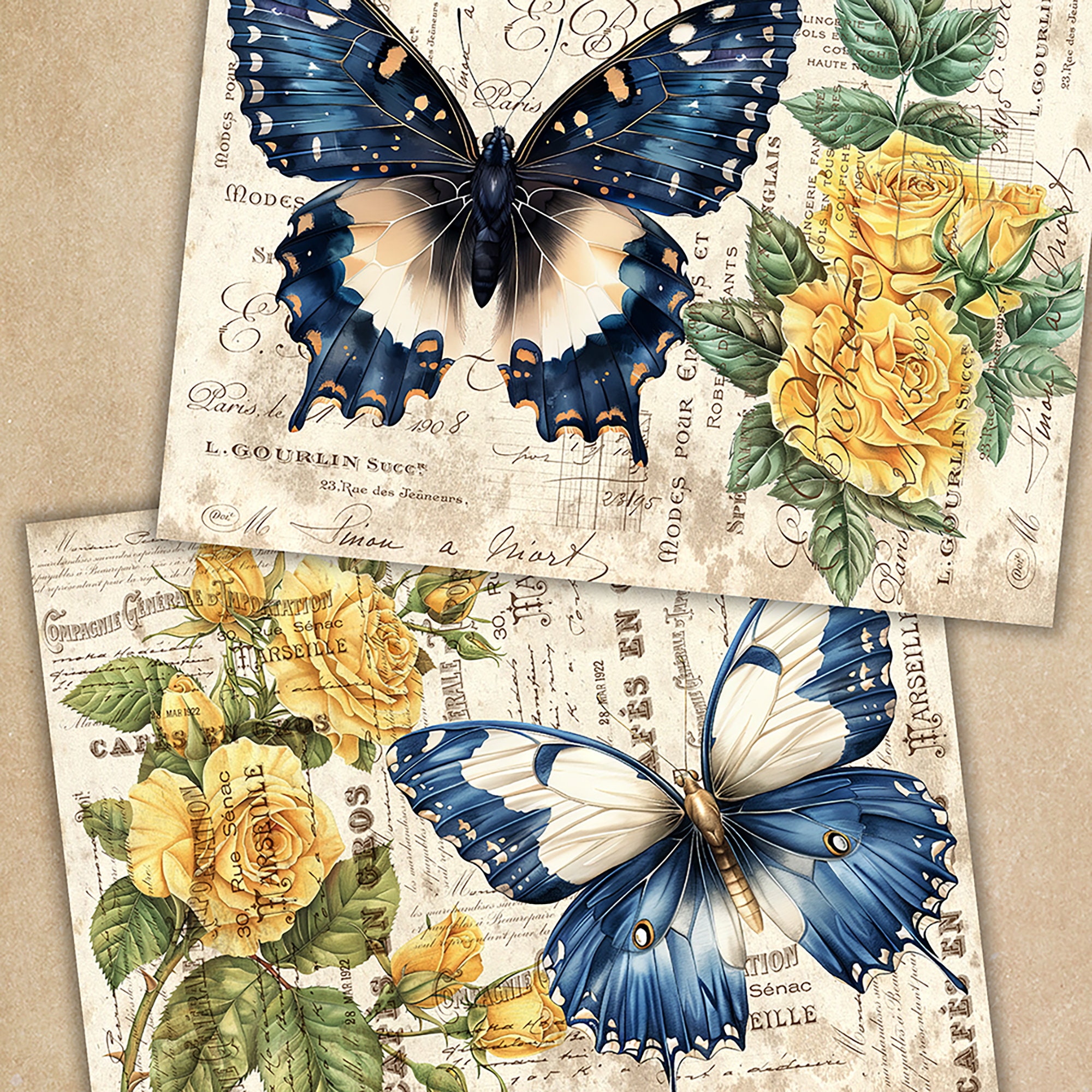 Blue Butterfly Collage Junk Journal Pages, Digital Floral Collage ...